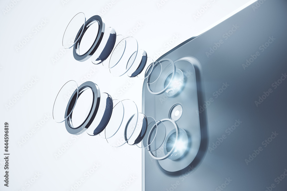 Decomposed smartphone camera lens on white background. Technology ...