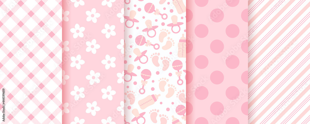 Baby pink seamless patterns. Pastel background. Baby girl geometric ...