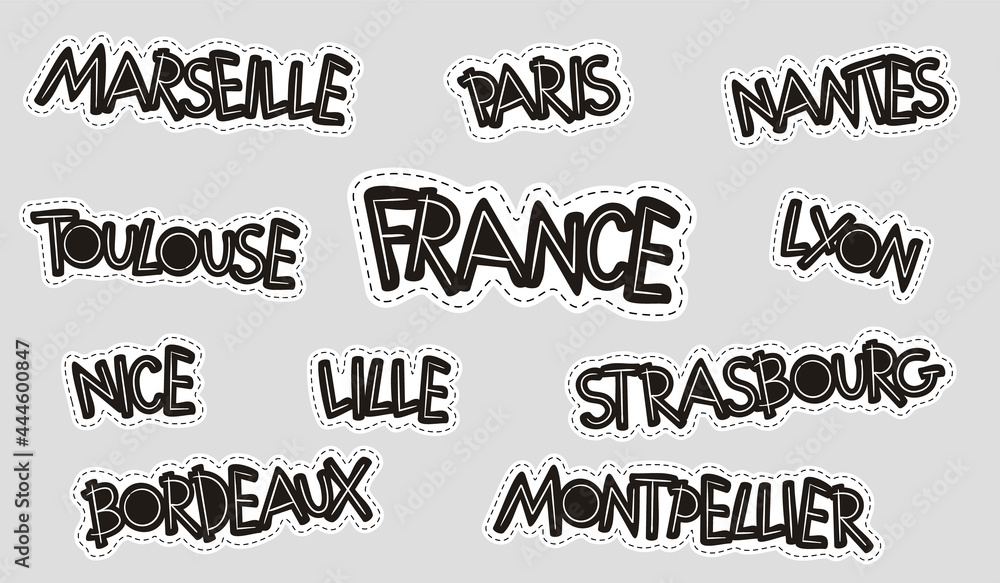 A set of stickers with the names of French cities. Black and white hand ...