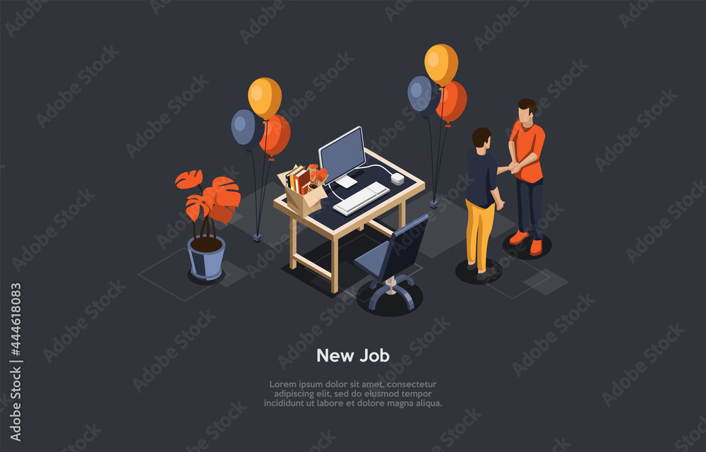 Vector Composition On New Job Concept. Isometric Illustration, Cartoon ...