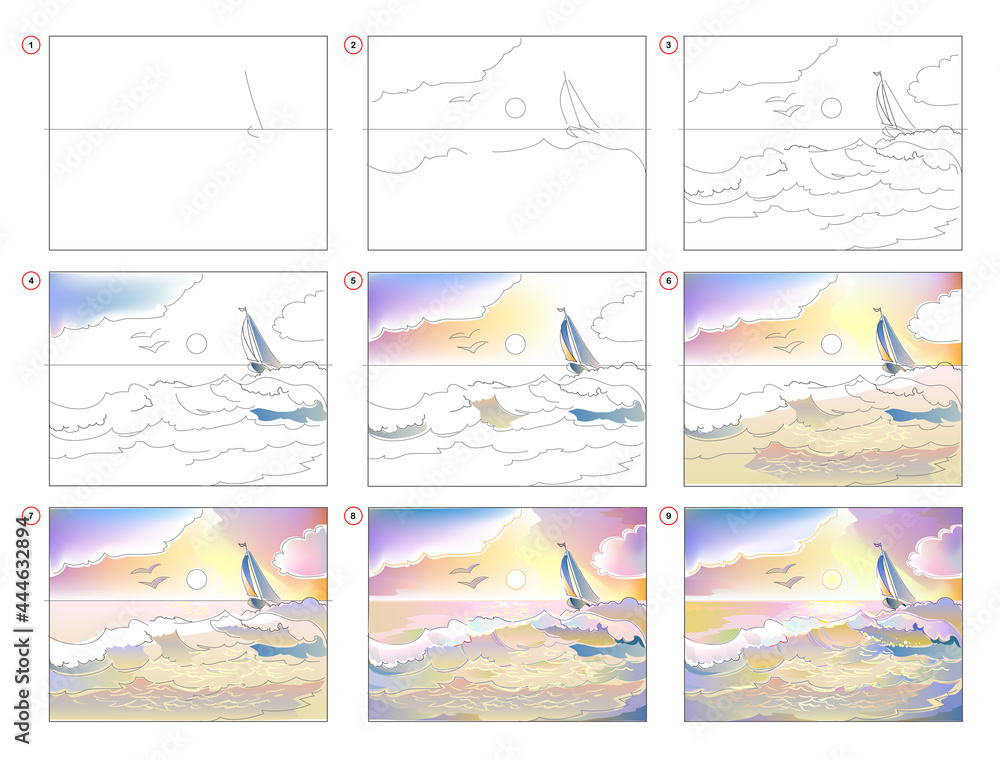 How to learn to draw sketch of seascape with sea waves and sailboat ...