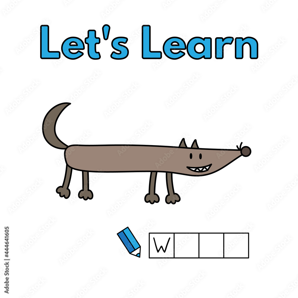 Cartoon wolf learning game for small children - write the word. Vector ...