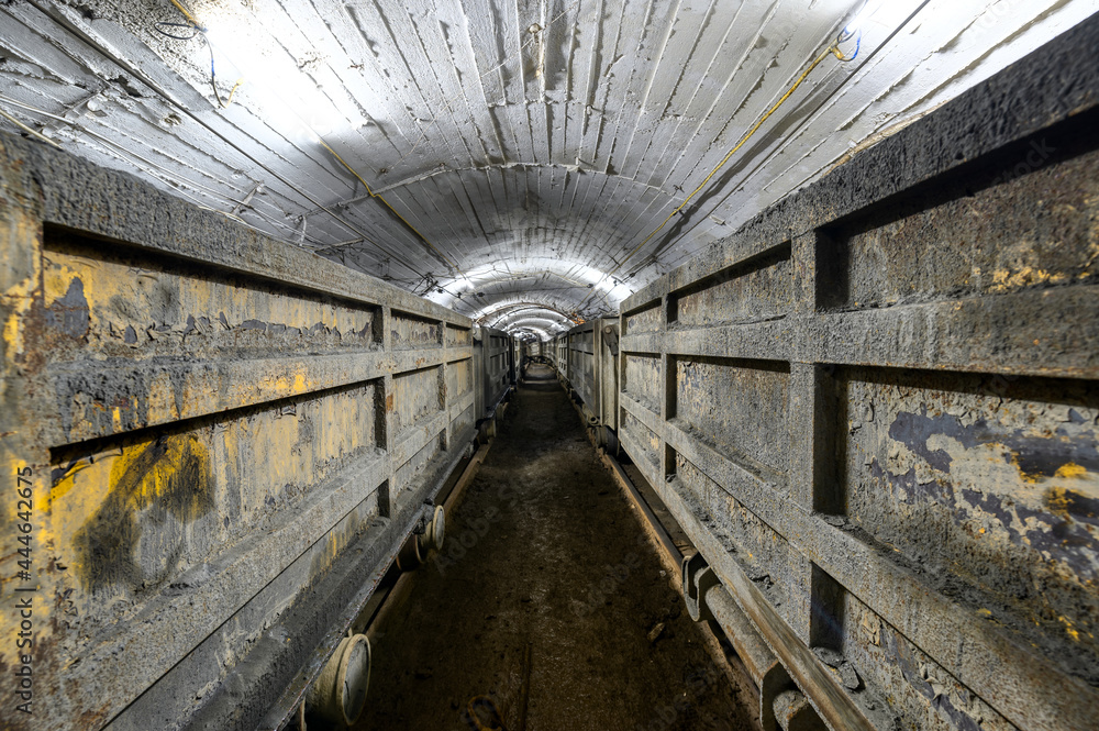 Underground mine. Underground railway for transporting ore. Mine ...