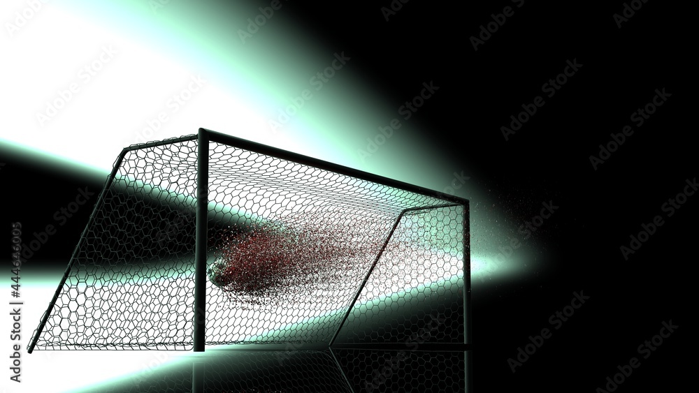 Black-White Soccer Ball in the Black Goal Net with particles under ...