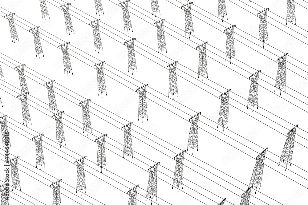 Background with silhouettes of power lines standing in a row isolated ...