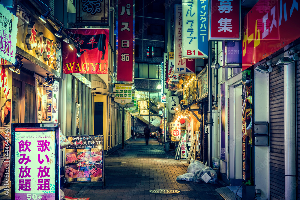 TOKYO - APRIL 2017 : Narrow city street in Shinjuku's Kabuki district ...