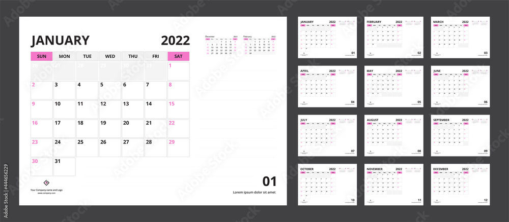 2022 calendar planner set for template corporate design week start on ...