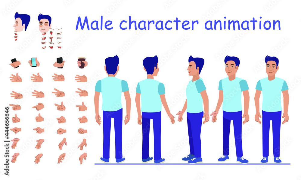 Male character animation. Body parts, hands position and facial ...