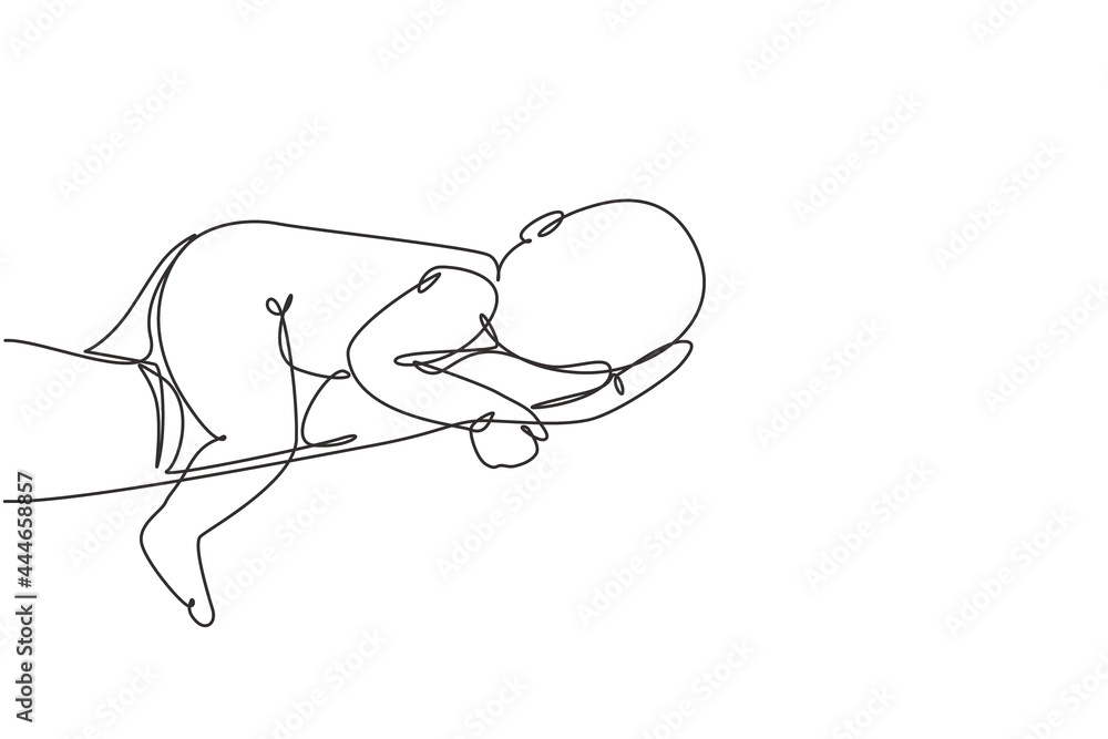 Single one line drawing beautiful new born baby resting on mom's hand ...