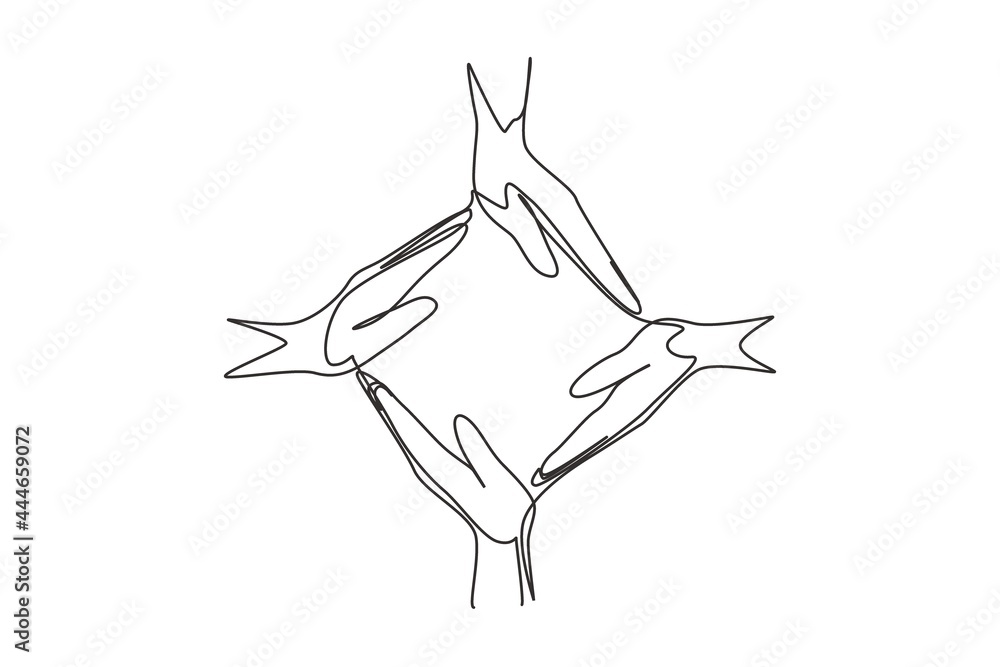 Continuous one line drawing four palm hands make square frame shape ...