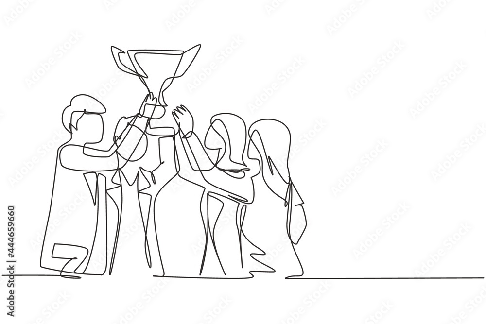 Single one line drawing young business team holding trophy showing ...