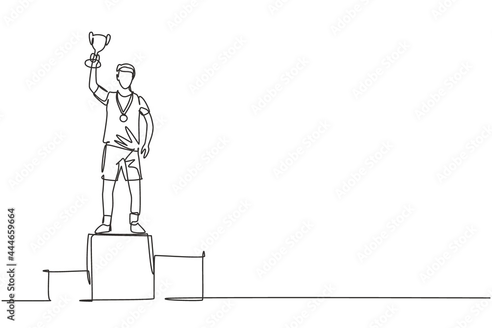 Single continuous line drawing male athlete wearing sports jersey ...