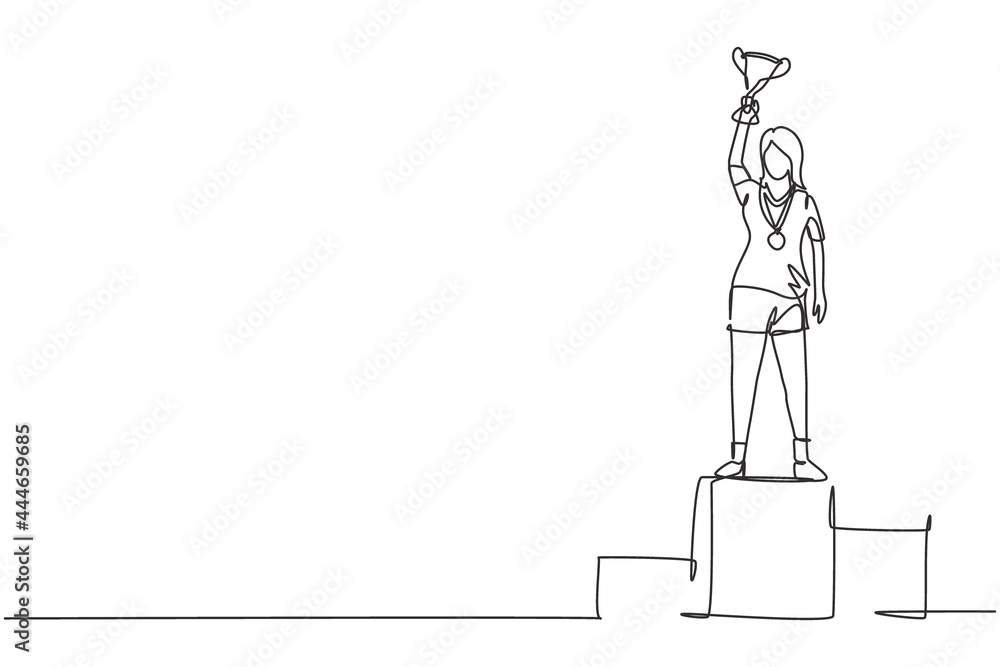 Single one line drawing female athlete wearing sports jersey lifting ...