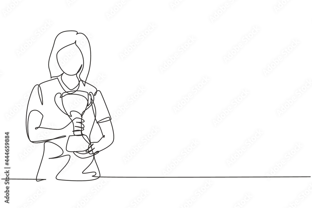 Single one line drawing female athlete wearing sports jersey holding ...