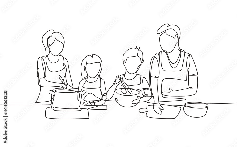 Continuous one line drawing happy family mom, dad, little daughter and ...
