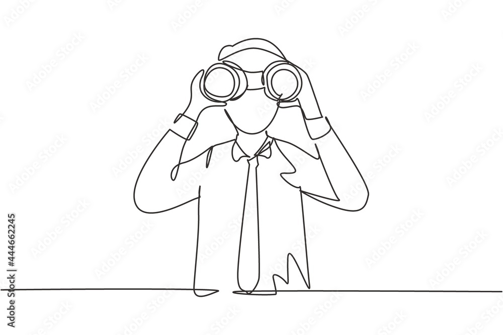 Single continuous line drawing young businessman looking through ...