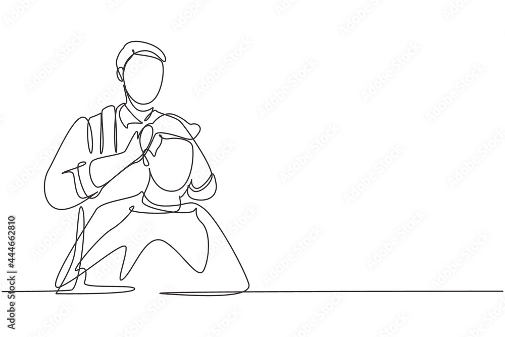 Single continuous line drawing attractive classy dressed barber shop ...