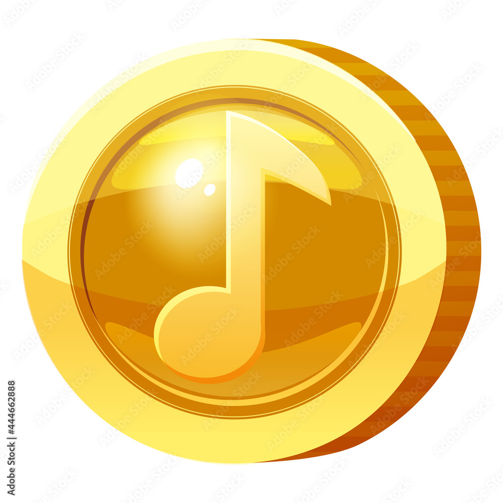 Gold Medal Coin Music Note symbol. Golden token for games, user ...