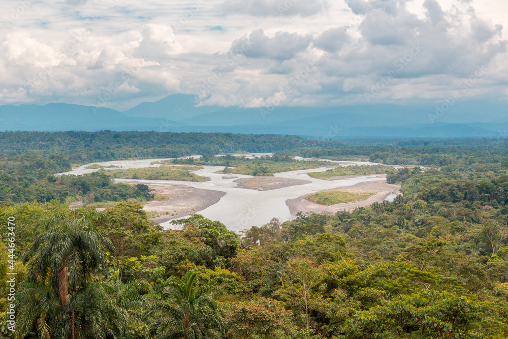 Puyo river as it arrives in a plain in the Ecuadorian Amazon near the ...