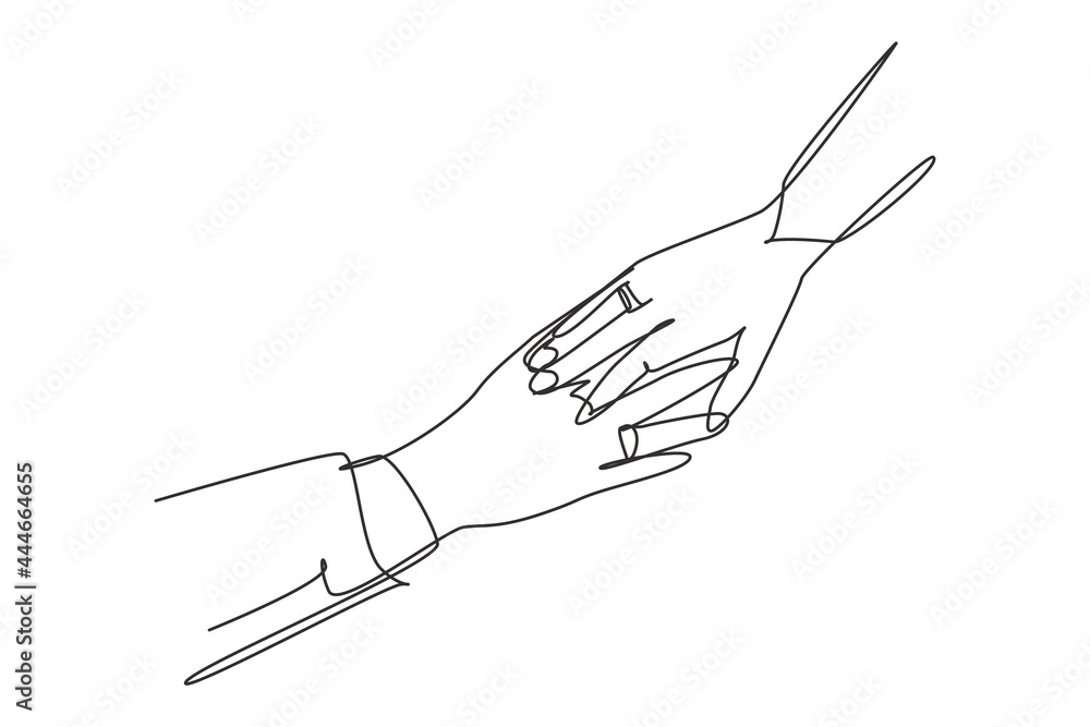 Single continuous line drawing hand of groom and bride with wedding ...