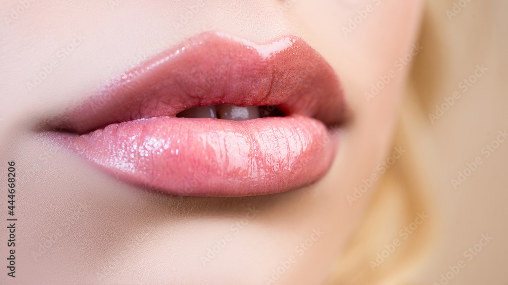 Close-up beautiful lips. Part of face, young woman close up plump lips ...