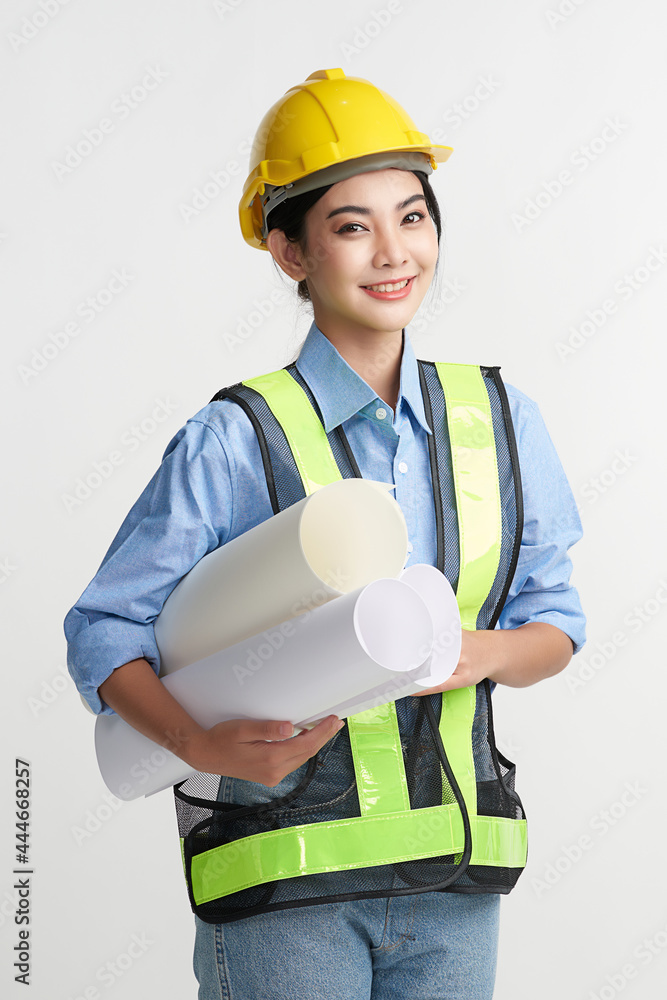 beautiful young asian woman engineer and safety helmet on white ...