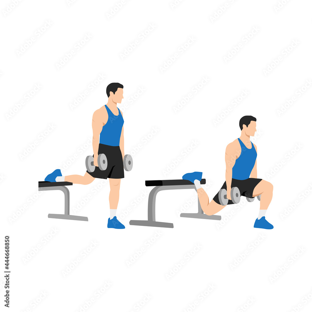 Man doing Bulgarian split squats exercise. Flat vector illustration isolated on white background ...