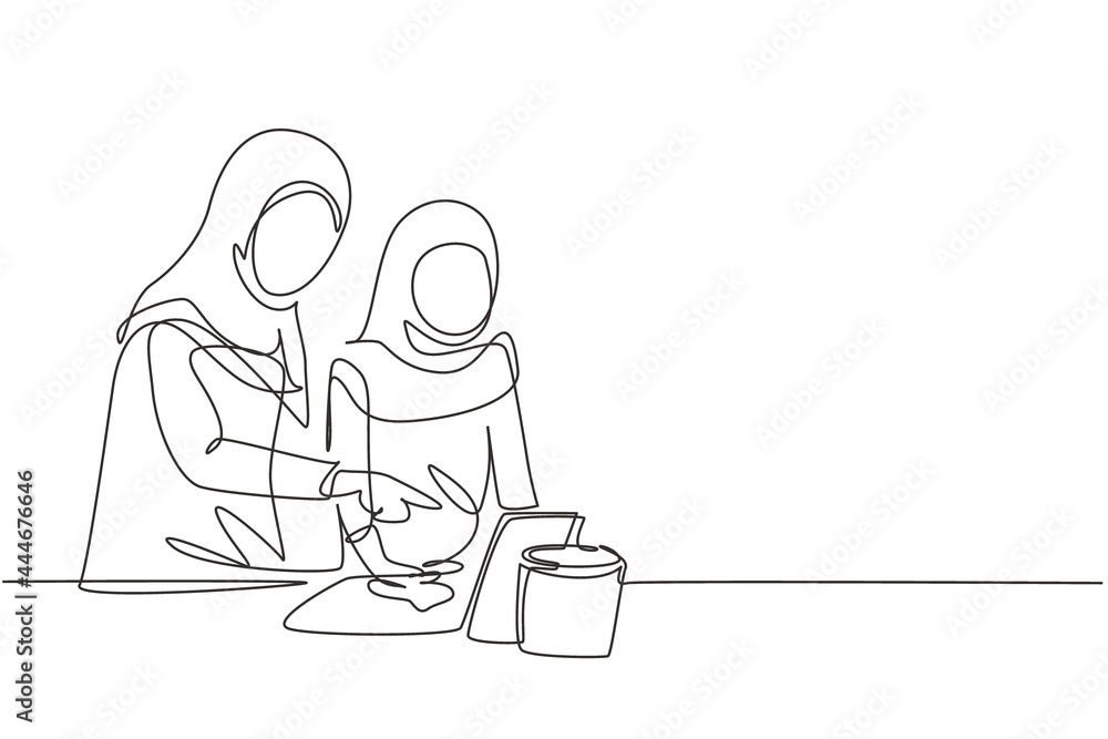 Single continuous line drawing Arabian mother and daughter cooking ...