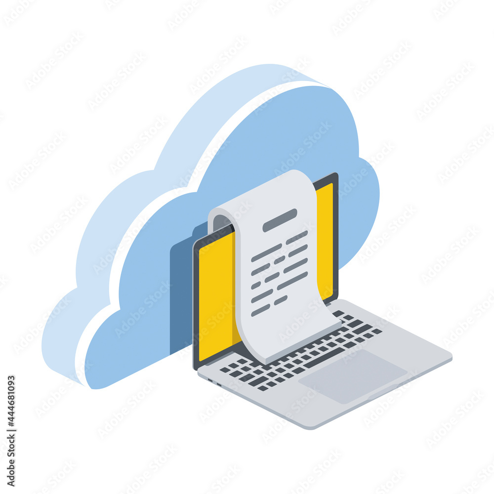 Laptop screen, document text, cloud server. Vector 3d symbol, isometric ...