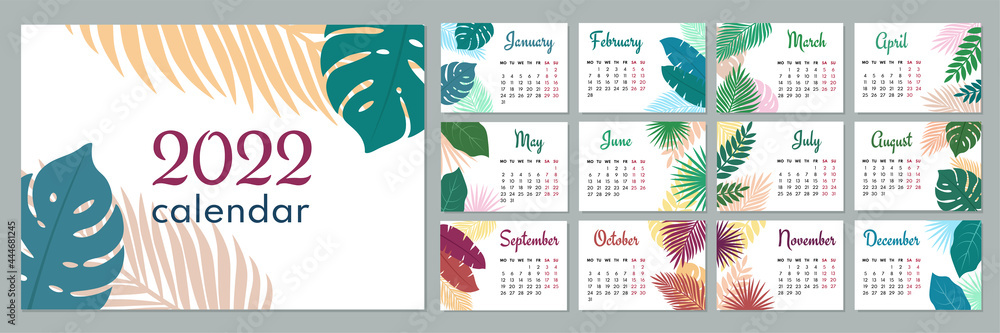 2022 calendar template. Calendar concept design with leaves. Week ...