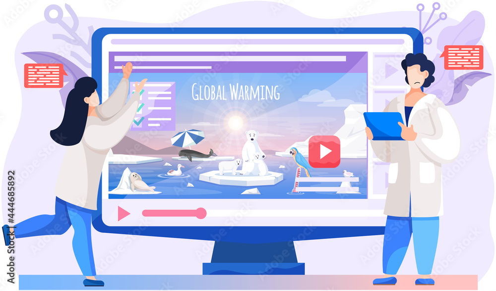 Scientists are watching video about global warming. Video with animals ...