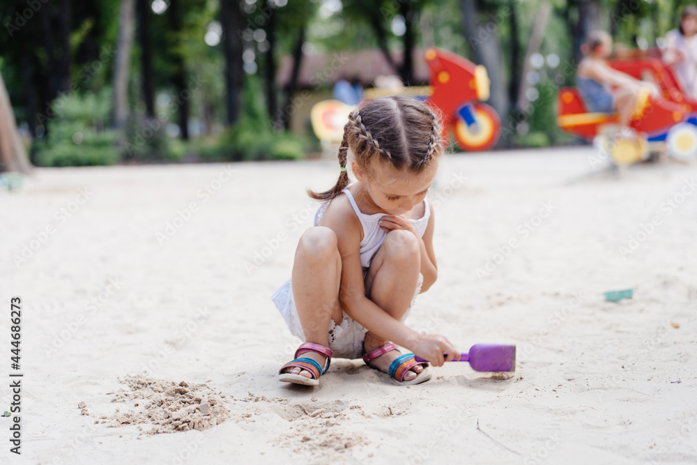 Little Girl Playing Sandbox Playground Digging Sand Shovel Building ...