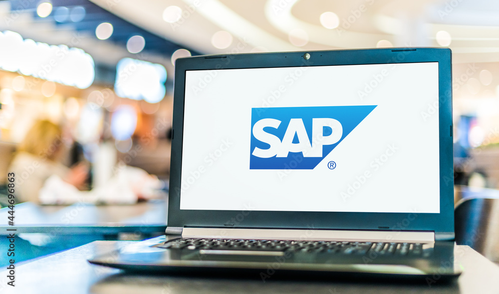 Laptop computer displaying logo of SAP Stock Photo | Adobe Stock
