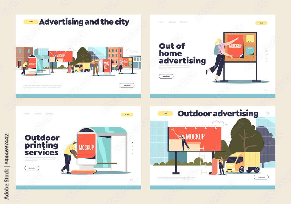 Installation of outdoor advertising posters mockup concept of set of ...