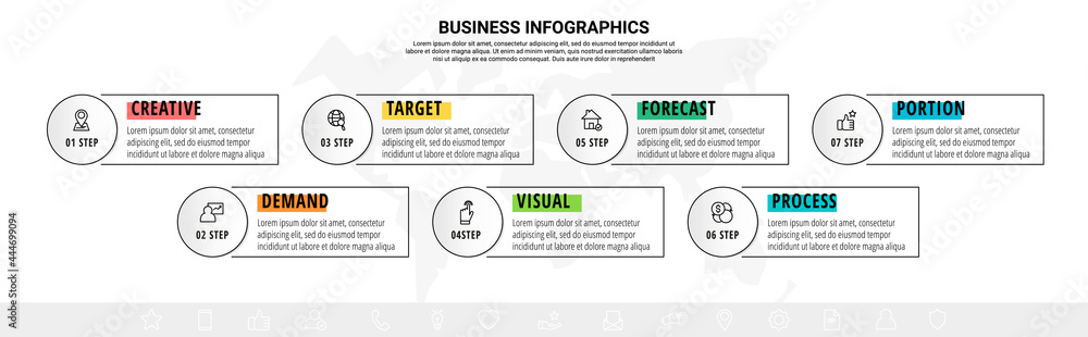 Business vector infographics with seven line circles and labels ...