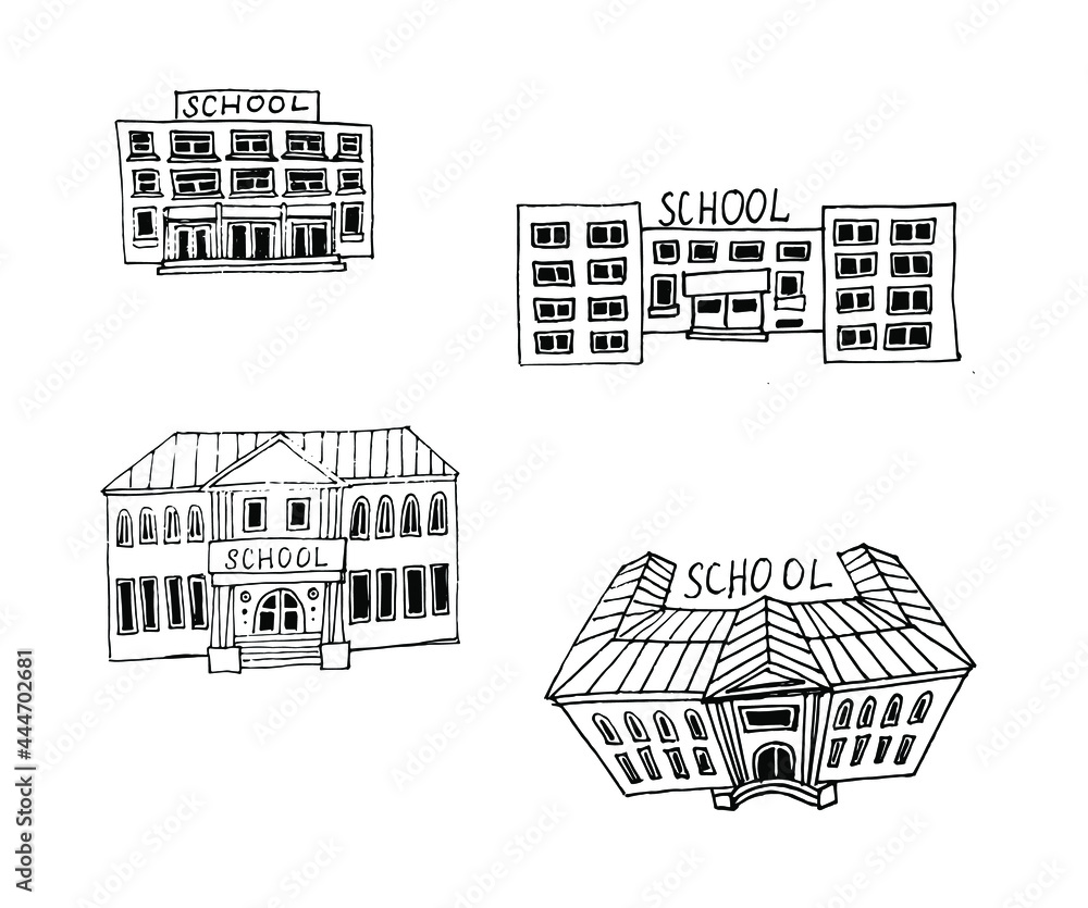School building illustration in hand drawn style. Vector set of logo ...