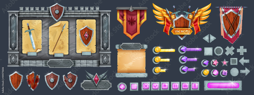 Stone game user interface design kit, medieval knight RPG template design, rock signboard ...