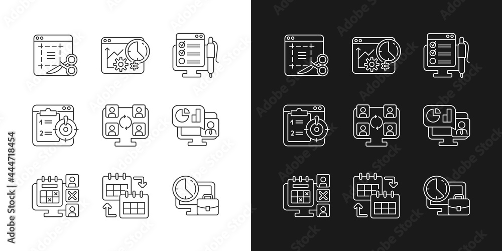 Work monitoring tools linear icons set for dark and light mode. Project ...