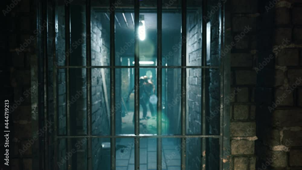 Zombies walk through a dusty abandoned bunker during the apocalypse ...