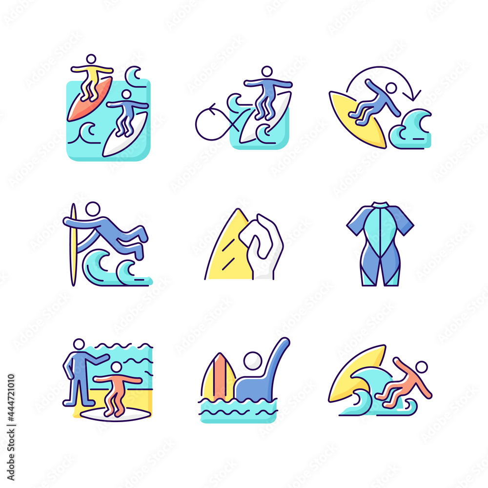 Surface water sport RGB color icons set. Surfing with mate. Performing ...