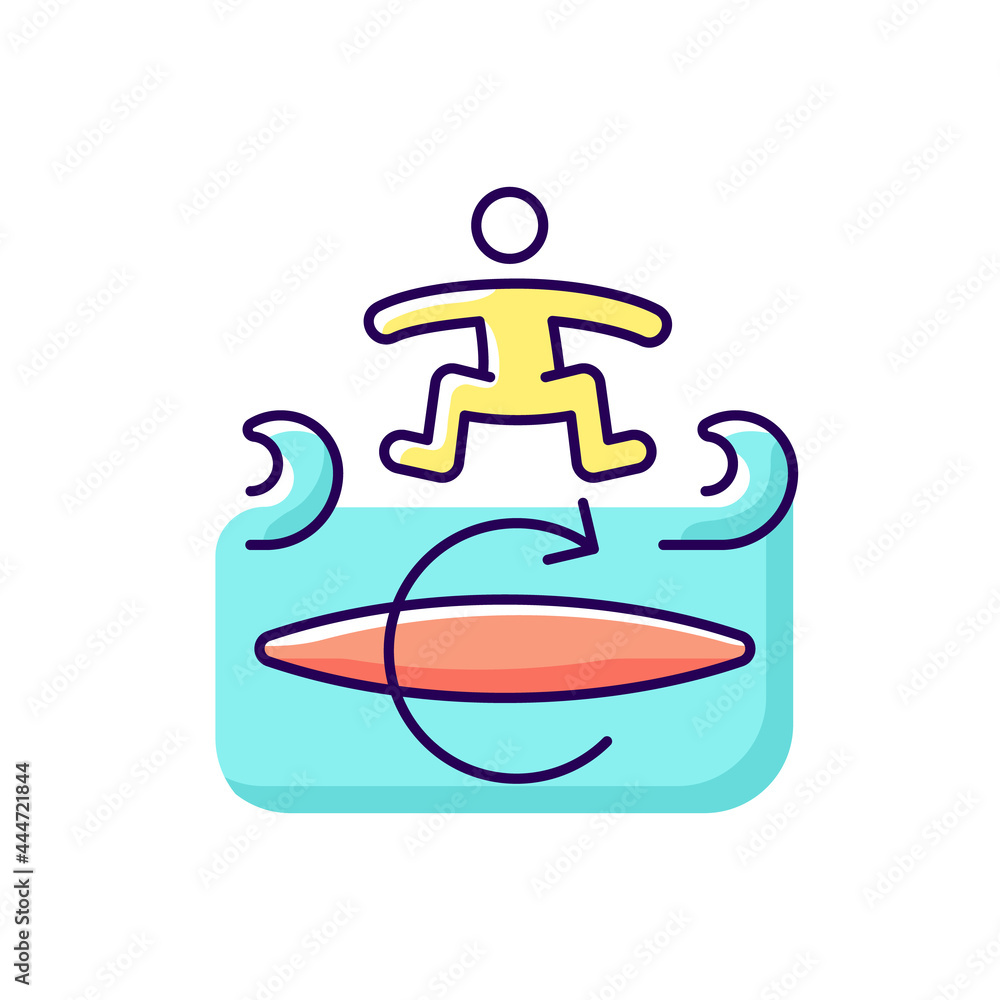 Kickflip surfing technique RGB color icon. Isolated vector illustration ...