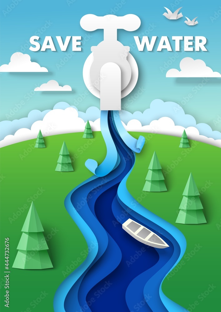 Save water poster design template. Paper cut water coming out of faucet ...