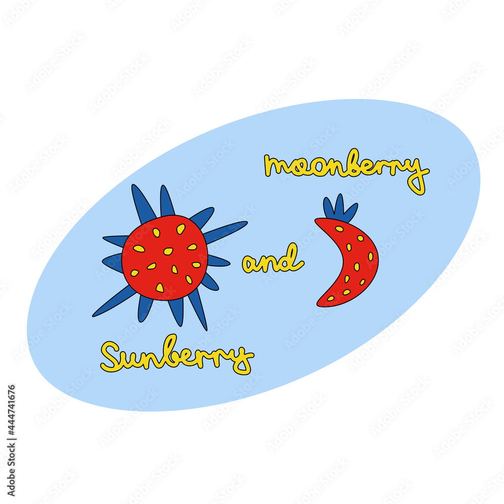 Sun and moon funny stylized like strawberry fruit with lettering sun ...