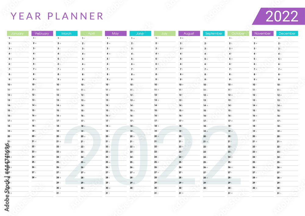 2022, Year Planner. Wall calendar, printable. Horizontal Yearly planer ...