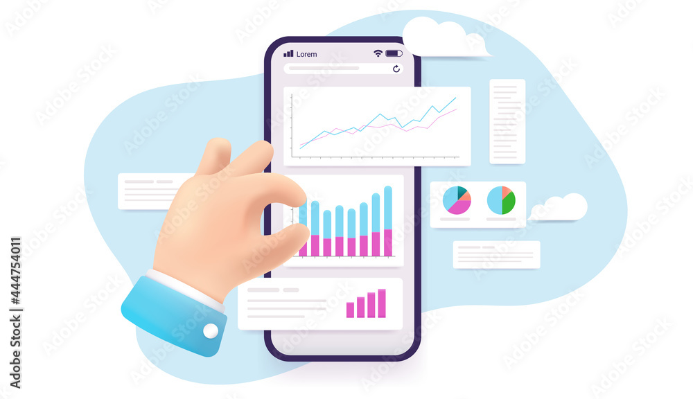 Analysing data on smartphone - Cartoon hand and phone with graphs ...