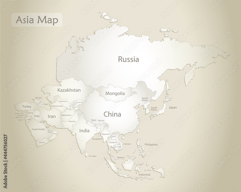 Asia map, separate states with names, old paper background vector Stock ...