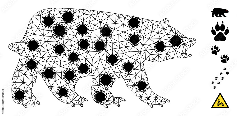 Mesh bear polygonal icon vector illustration, with black Covid centers. Carcass model is based ...