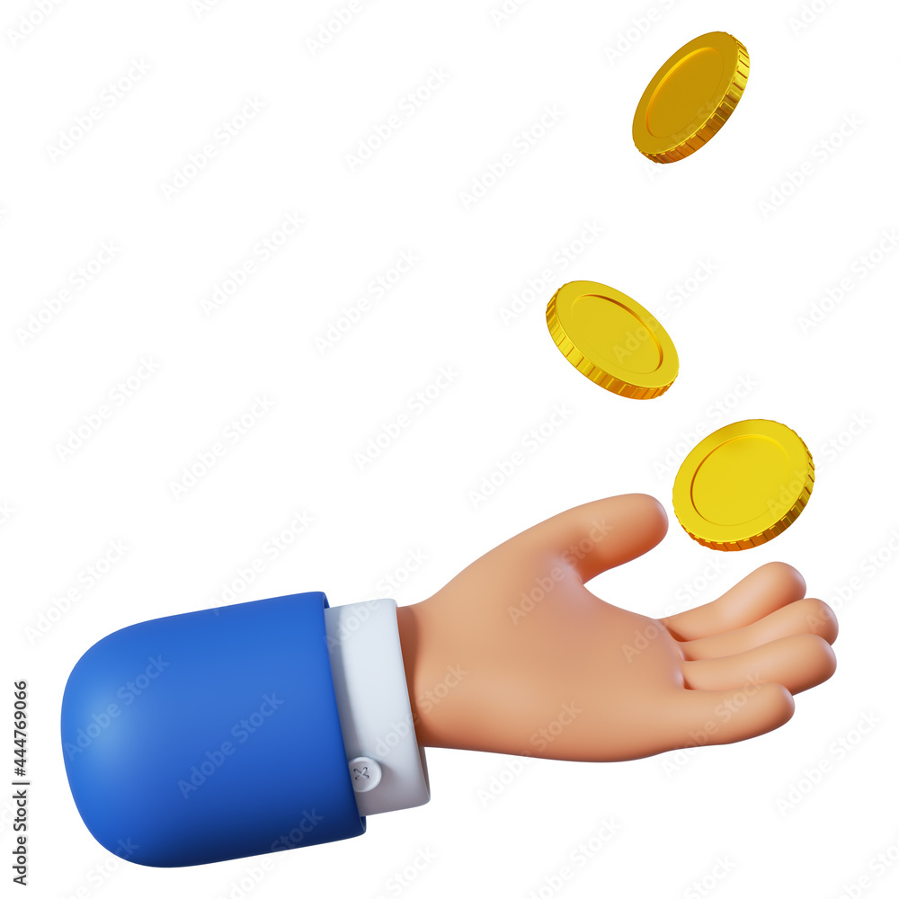 3d illustration. Cartoon character hand throws up golden coins to the ...