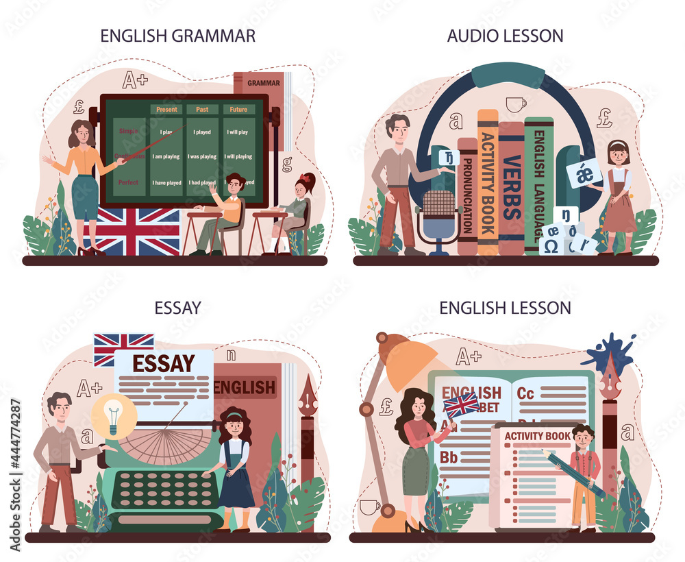 English class concept set. Study foreign languages in school. Grammar ...