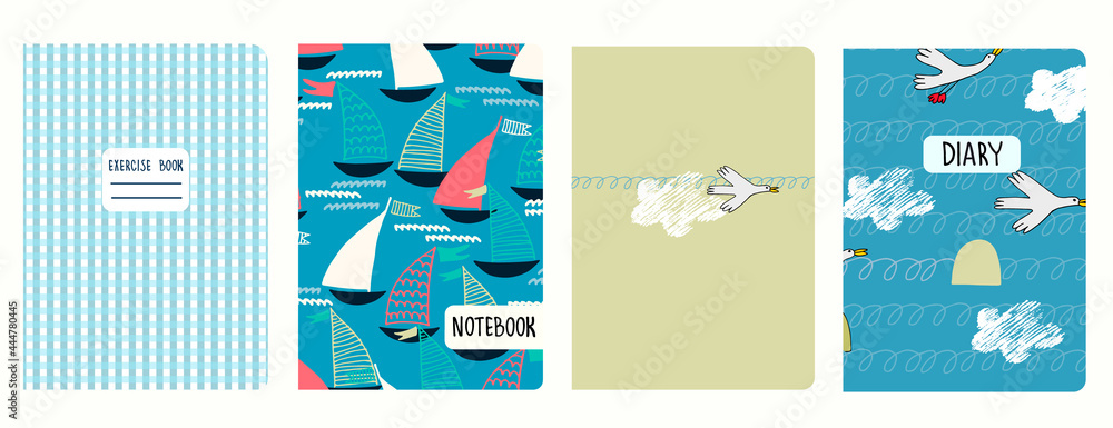 Set of cover page templates with sailboats, sea birds, waves, clouds ...